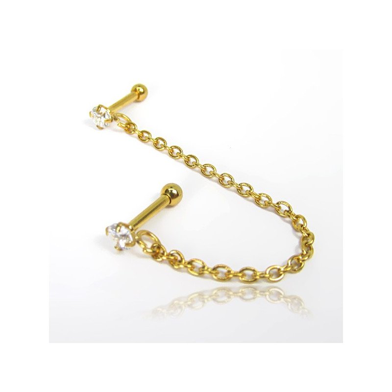 Piercing de Orelha PVD Gold - Cristais com Correntinha - 6ORE665